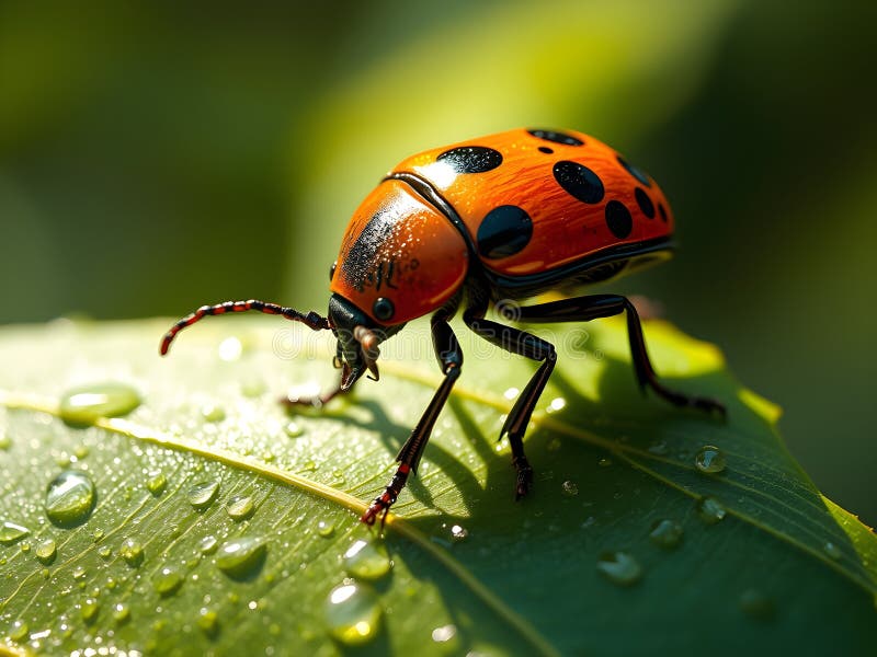 A Ladybug is Walking on a Leaf Stock Illustration - Illustration of ...