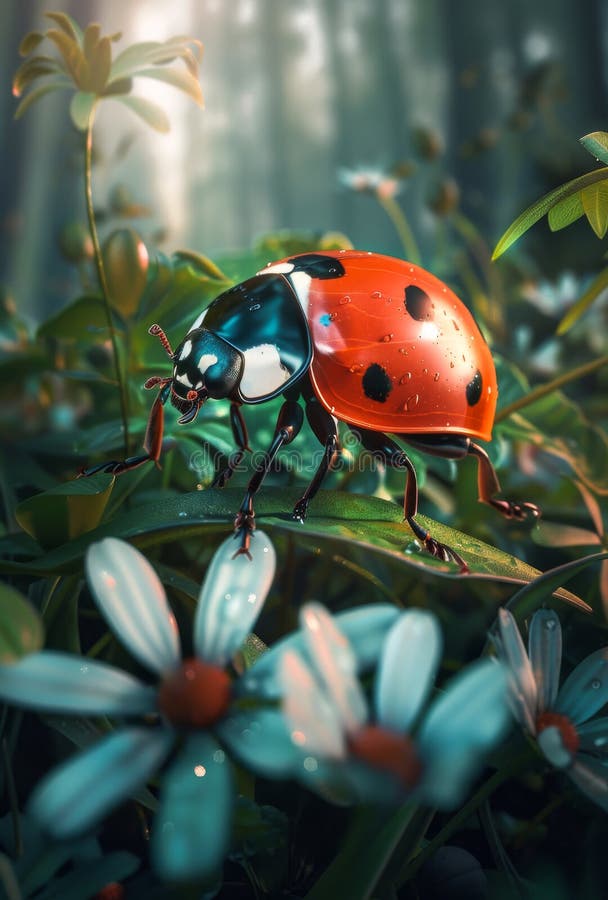 Ladybug Walking on Leaf in Summer Forest Stock Image - Image of closeup ...
