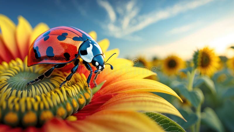 Vibrant Ladybug on Sunflower in Summer Field Stock Illustration ...