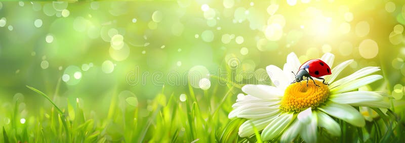 Ladybug on White Daisy Flower. Spring Summer Background Banner Stock ...