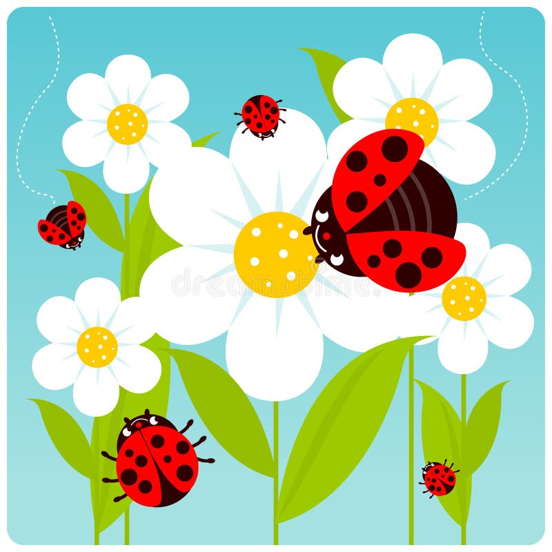 Ladybugs Flying In Sunflower Garden Stock Vector - Illustration of ...