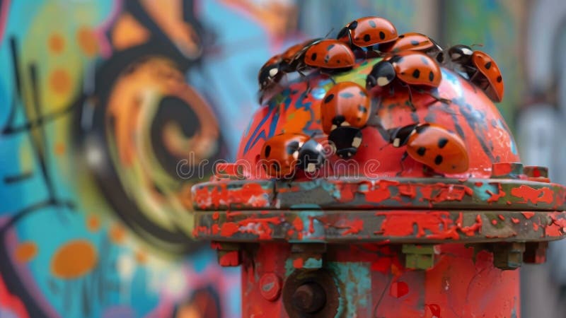 A of Ladybugs Gathered on Top of a Graffiticovered Fire Hydrant Adding ...