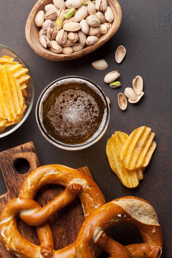 Lager beer and snacks stock photo. Image of rustic, brezel - 90743646