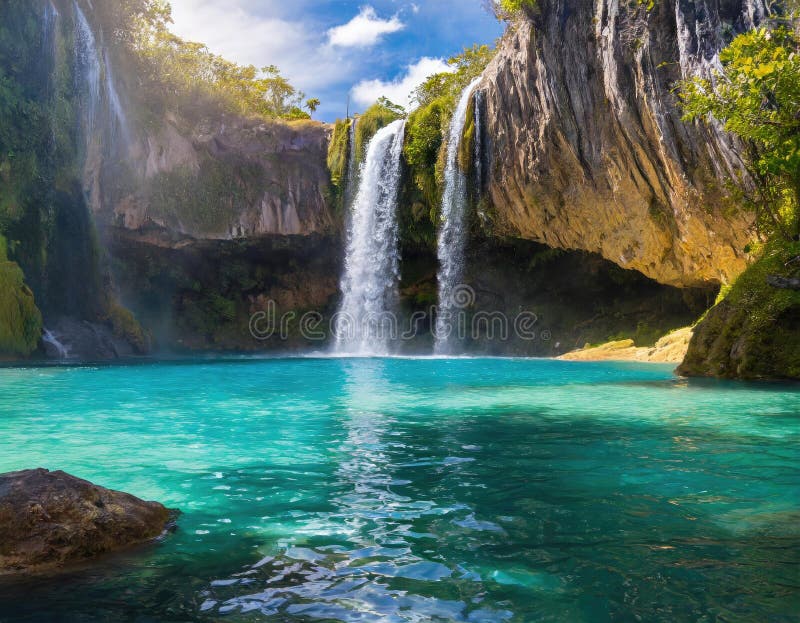 Lagoon with Cascading Waterfalls into Clear Waters. Generated with AI ...