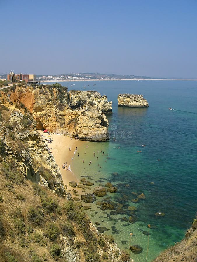Lagos Beach Scene with Grottos Stock Photo - Image of horizon ...