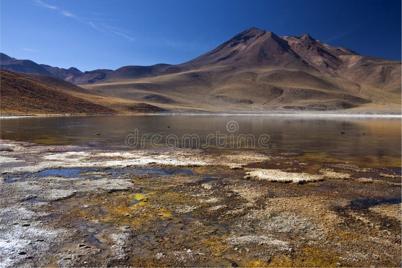 Lagoon Quepiaco and Volcano Acamarachi, Chile Stock Photo - Image of ...