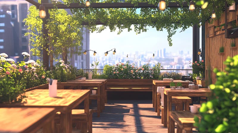 Laid-back Caf on a Rooftop with Wooden Tables and Greenery.. Stock ...