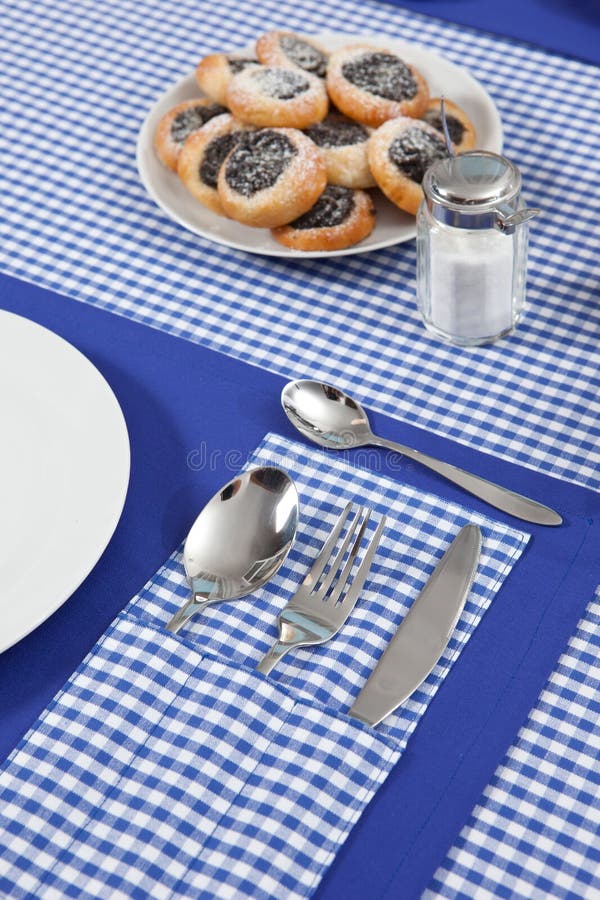 Laid table in blue colour stock image. Image of bedding - 39878831