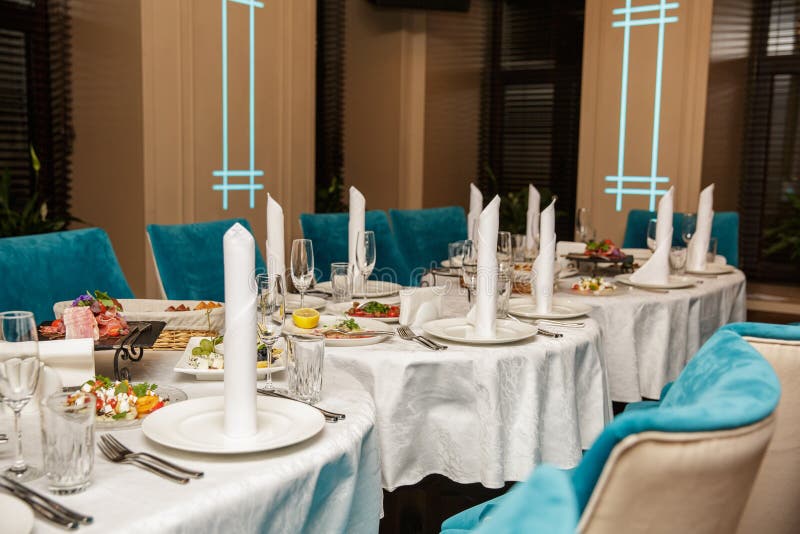 Laid Table with Tableware and Dishes, Ready for Banquet Stock Photo ...