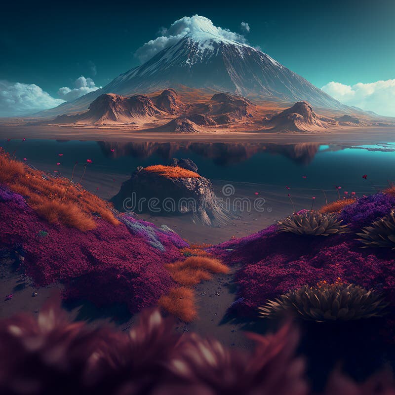 Lake Against Backdrop of Volcano, Flowers in Foreground Stock ...