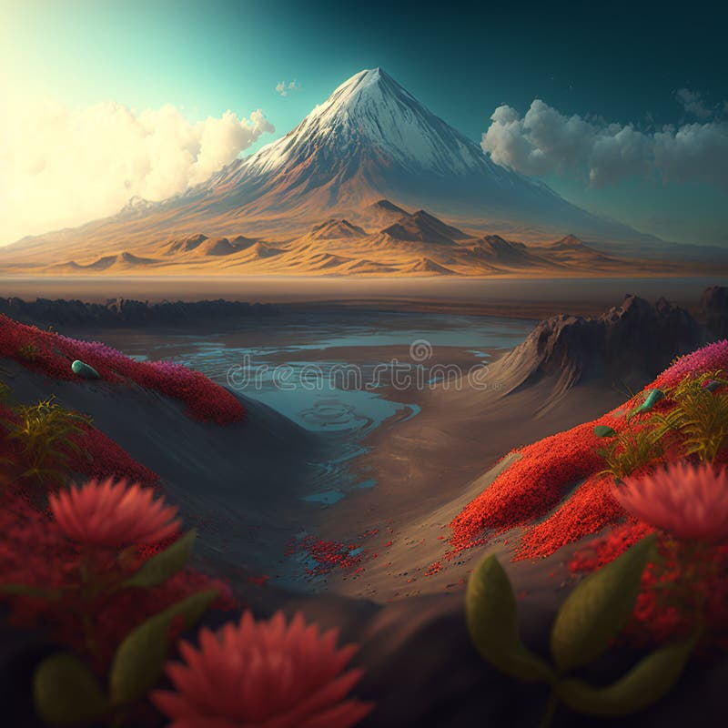 Lake Against Backdrop of Volcano, Flowers in Foreground Stock ...