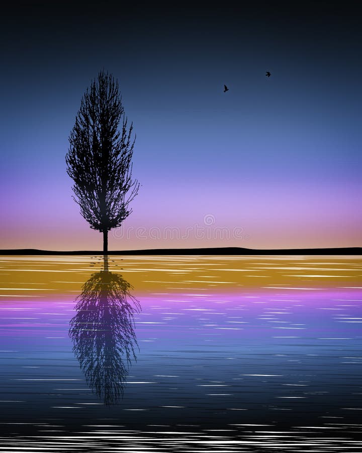 Lake of alone tree. stock illustration. Illustration of alone - 82948956
