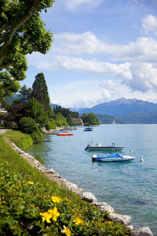 Lake Annecy stock image. Image of boats, mountain, landscape - 21786559