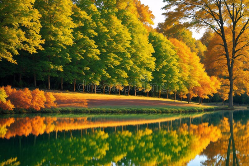 "Lake, Autumn, Trees, Reflections, Columns." Stock Illustration ...