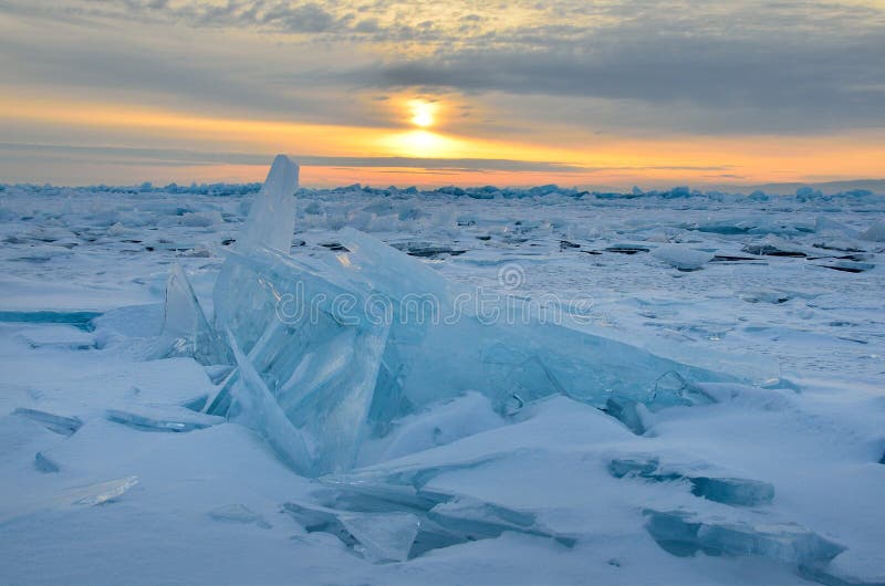 The Lake Baikal. Ice Ridges at Sunrise Stock Image - Image of cloud ...