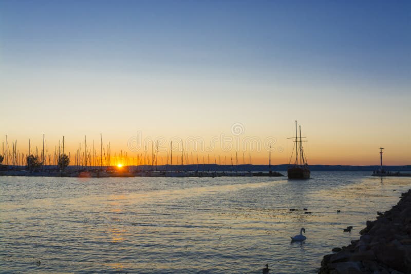 Lake Balaton Sunset stock photo. Image of harbor, summer - 129590140