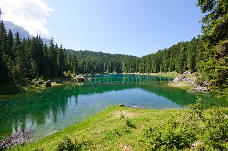 Lake Carezza - Dolomites, Italy Stock Photo - Image of mystical, alps ...