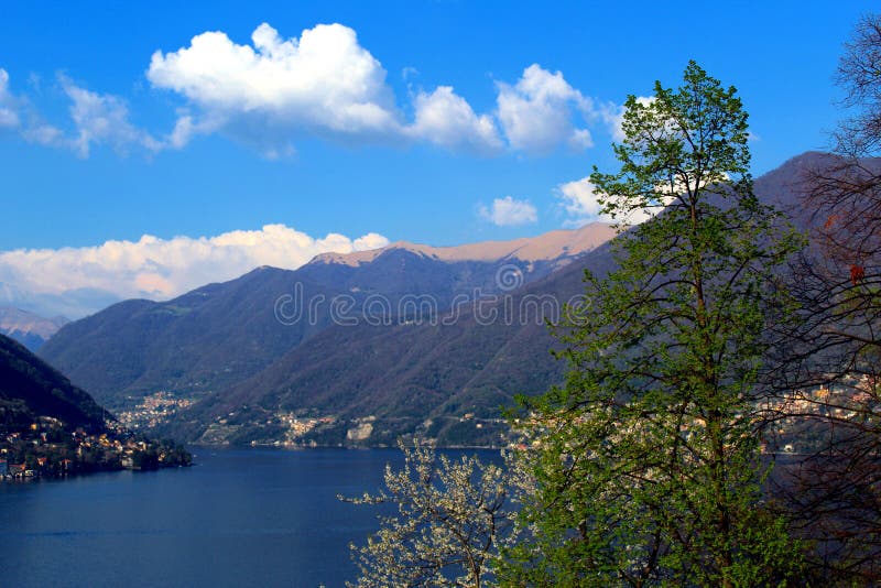 Lake Como in early spring stock image. Image of lake - 89381339