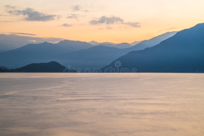 Lake Como Italy at sunset stock photo. Image of light - 258864178