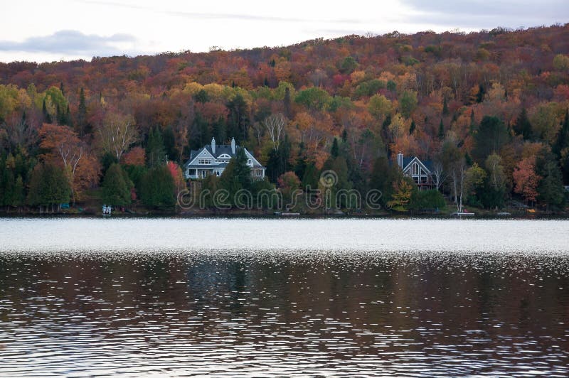 Lake, Cottage and Trees with Sunset Reflection in Water Editorial Stock ...