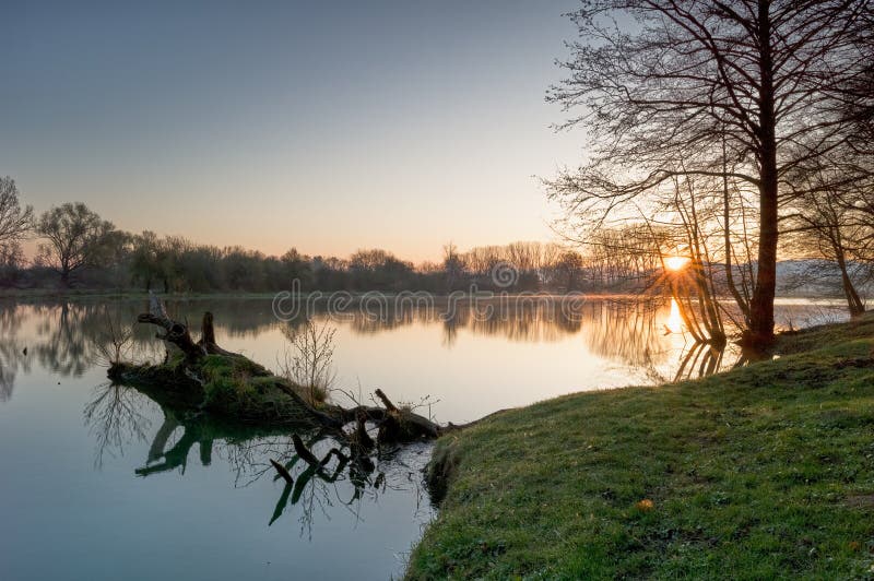 Lake Cove at Sunrise with a Fallen Tree in the Water Stock Photo ...