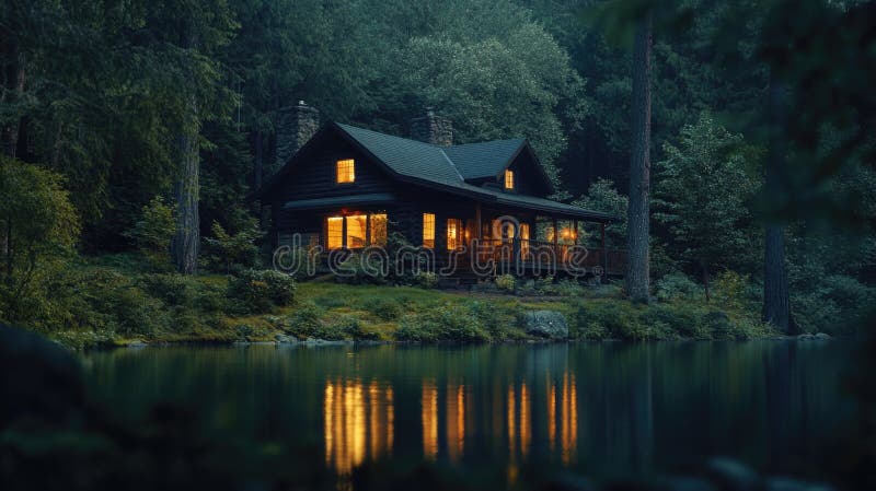 Lake Edge Cabin at Night stock photo. Image of outdoor - 376681830