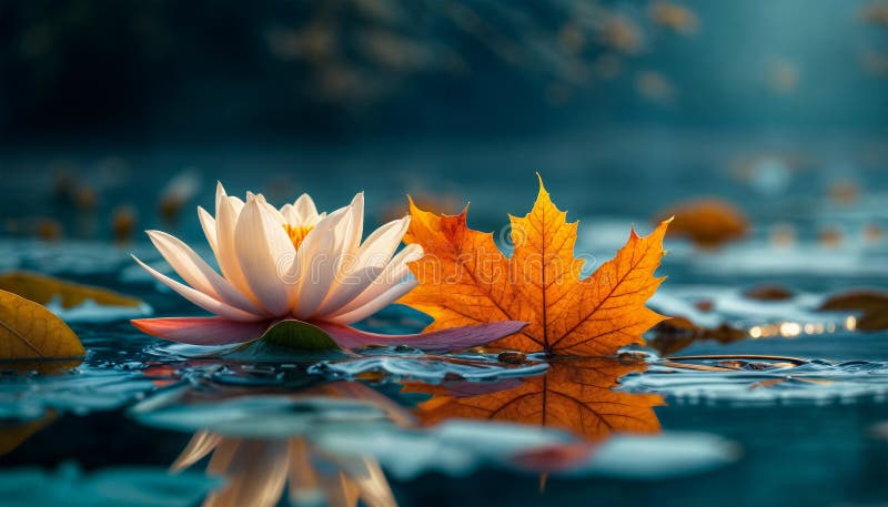 Lake in the Evening. Blooming Lotus and Yellow Maple Leaf Stock ...