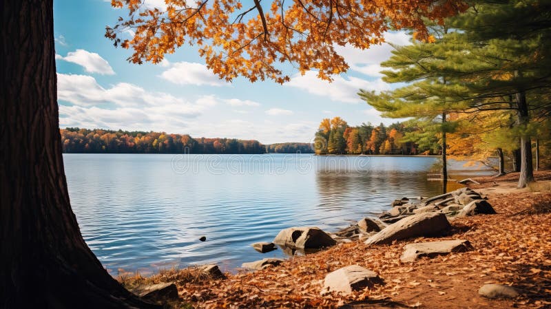 Lake in the Fall with Changing Leaves and Water Reflection Stock ...
