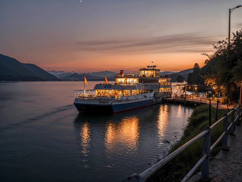 Lake Ferry at Dock in Evening Stock Illustration - Illustration of ...