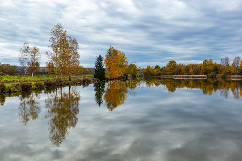 Lake between Fields and Forests. Late Fall Stock Image - Image of ...