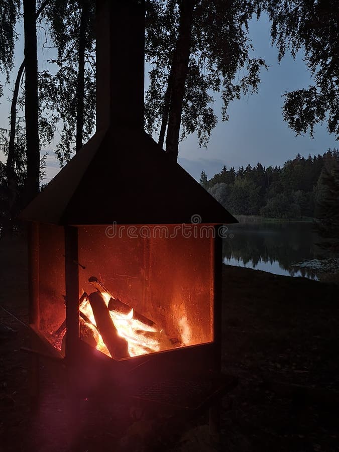 Lake and Fire Evening on the Lake Beautiful Nature, Bonfire Stock Photo ...