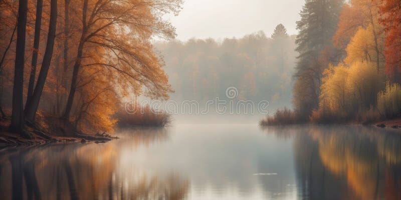 Lake and Forest in a Morning Mist Autumn Scene. Stock Photo - Image of ...