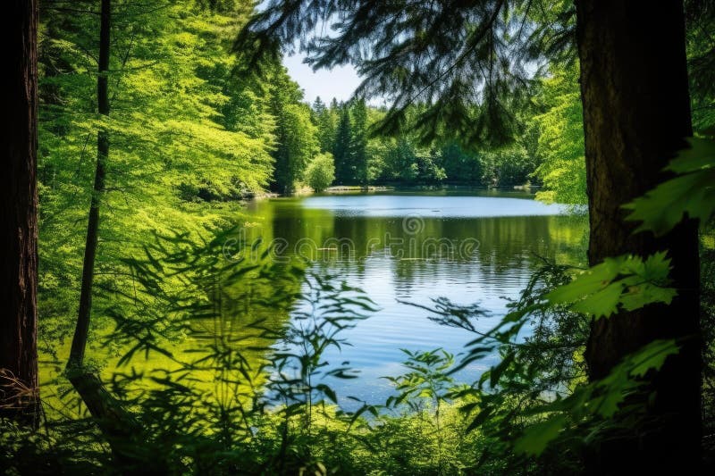 Lake Framed by Lush Green Foliage in Summer Stock Image - Image of ...