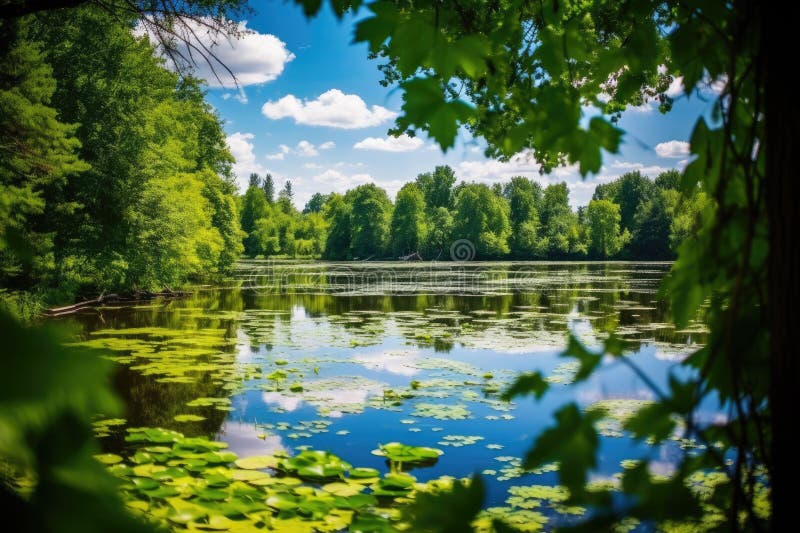 Lake Framed by Lush Green Foliage in Summer Stock Image - Image of ...