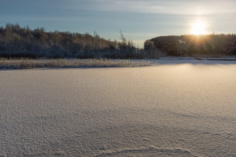 Lake with Fresh Fallen Snow Stock Photo - Image of landscape, lake ...