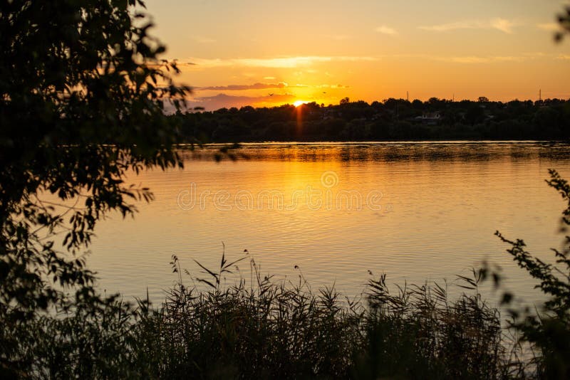 Lake Gleaming Under the Shining Sunset Surrounded by Greens Stock Photo ...