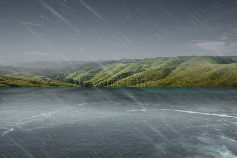 Lake and Green Hills with Bad Weather Stock Photo - Image of earth ...