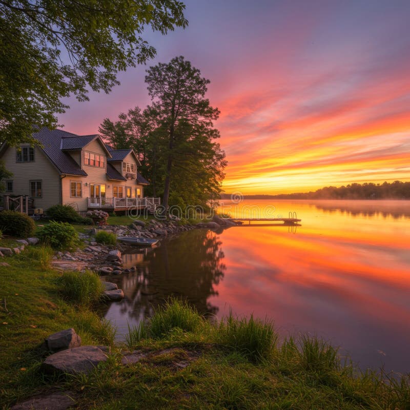 Lake House Sunset Reflection Peaceful Scenic View Stock Illustration ...