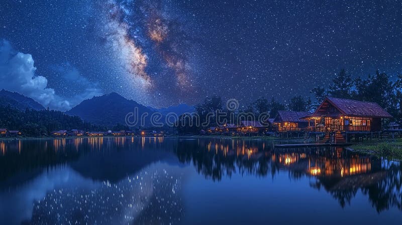 Lake house under the stars stock illustration. Illustration of ...