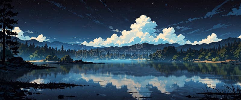 Lake Landscape, Black Background, Anime Wallpaper. Stock Photo - Image ...