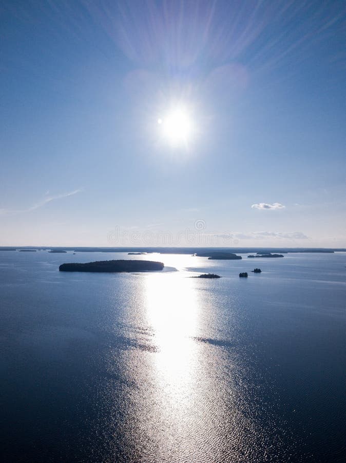 Lake Landscape with Bright Sun Stock Image - Image of island, aerial ...