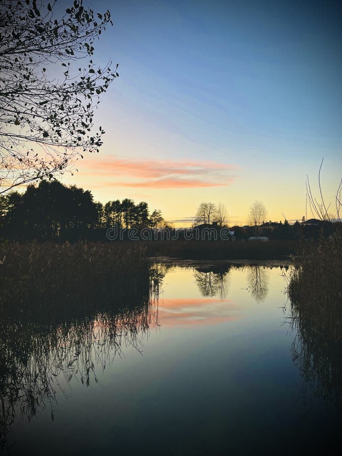 Lake and Trees Reflection in Late Landscape Stock Photo - Image of leaf ...