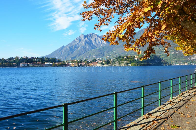 Lake Lecco in fall, Italy stock image. Image of colored - 83884651