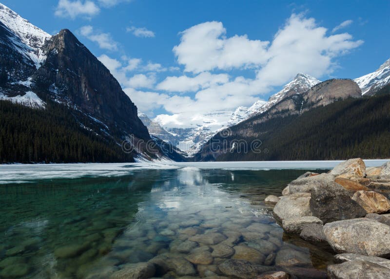 Lake Louse and Mountains High Resolution Wide Angle Stock Photo - Image ...