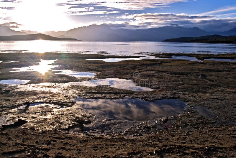 Lake Manapuri sun flare, Sun reflected in pools at edge of Lake Manipuri