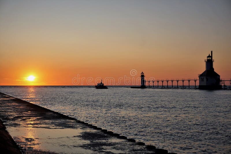 Lake Michigan Lighthouse Sunset Stock Image - Image of colors, outdoors ...