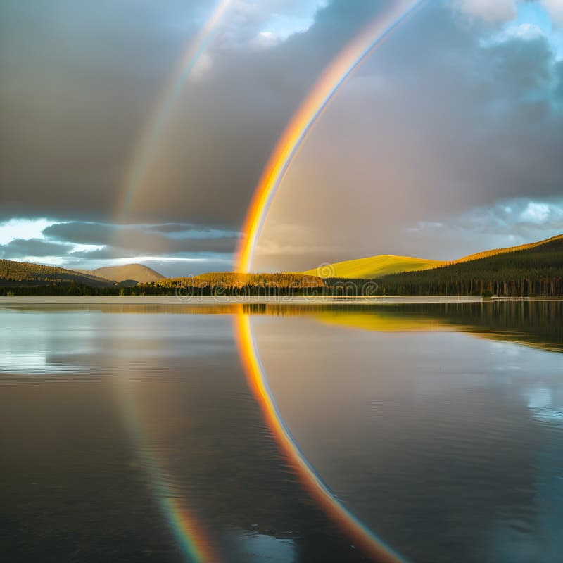 Lake in the Morning with a Rainbow Stock Illustration - Illustration of ...
