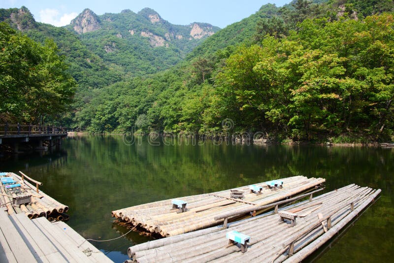 Lake, Mountain and Bamboo Raft Stock Image - Image of asia, nature ...