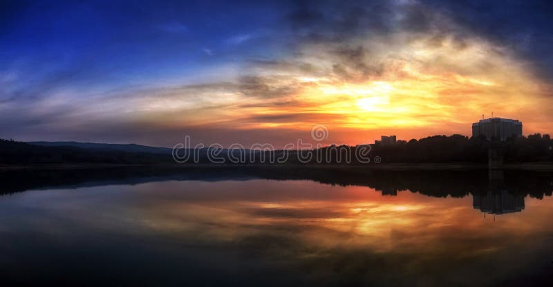 Lake in the Mountains at Sunset with Mirror Reflection on Th Stock ...