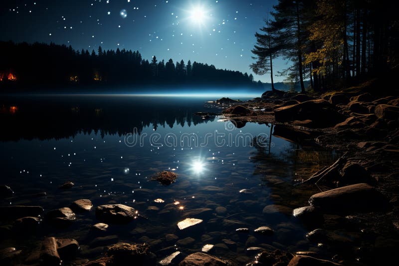 A Lake at Night with a Full Moon and Stars in the Sky Stock ...